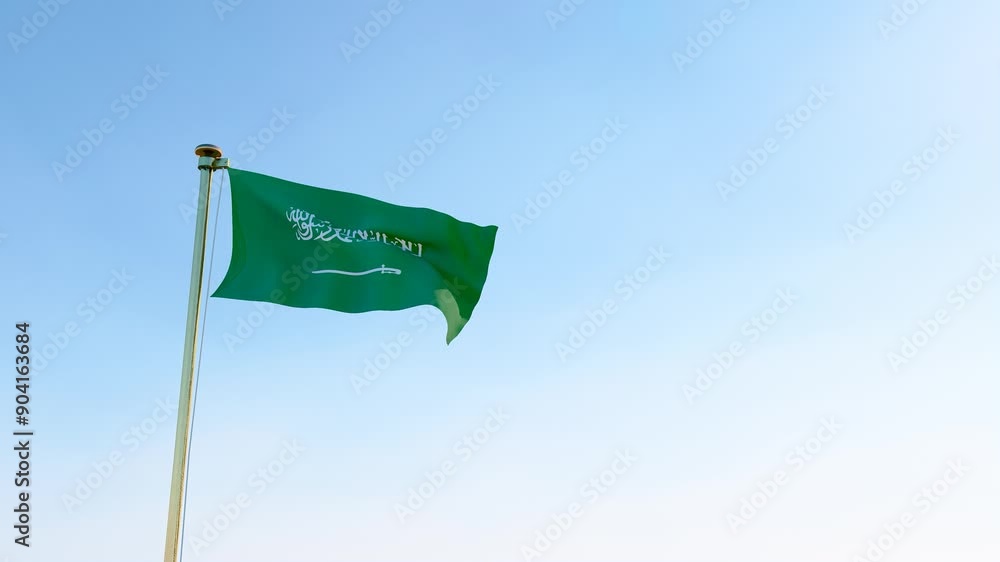 4K UHD. Flag of Saudi Arabia waving in the wind, sky and sun looped ...