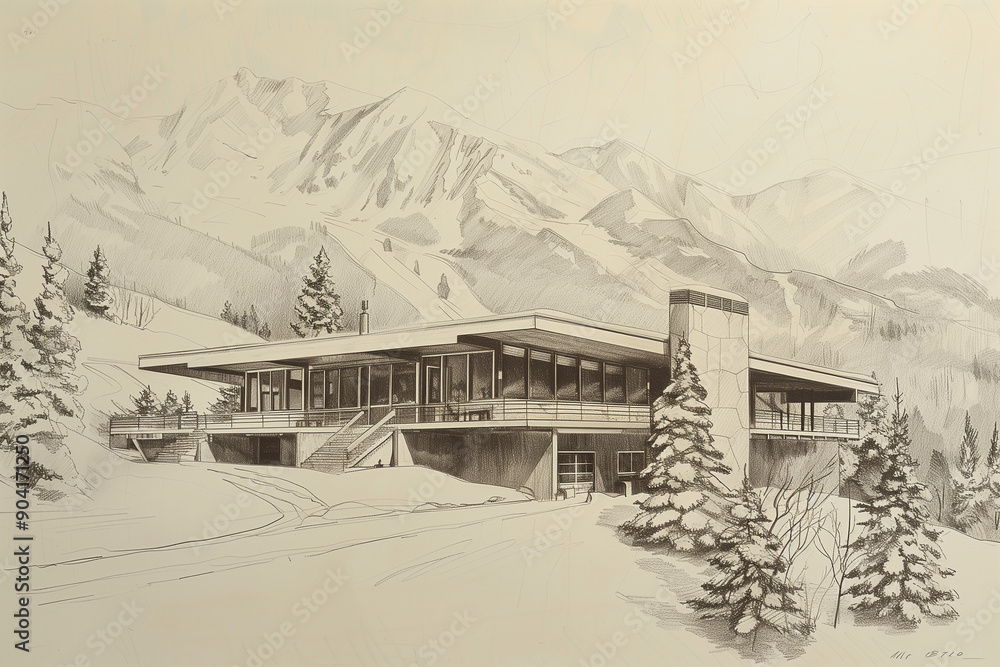 Architectural pencil drawing of a mid century modern house concept in ...