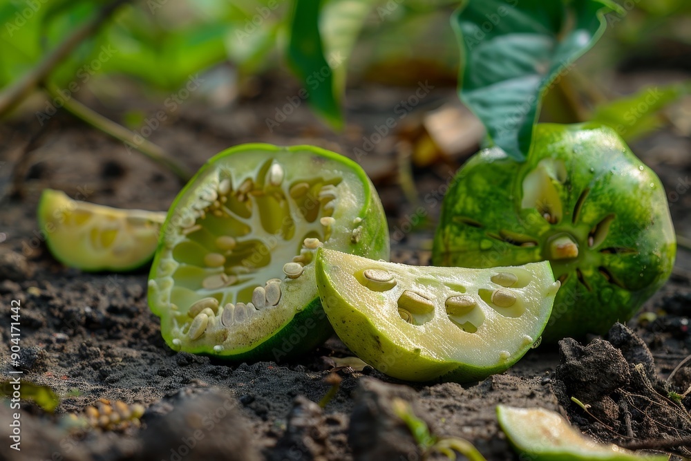 Wood apple fruit also known as stone apple on Indian ground with seeds ...