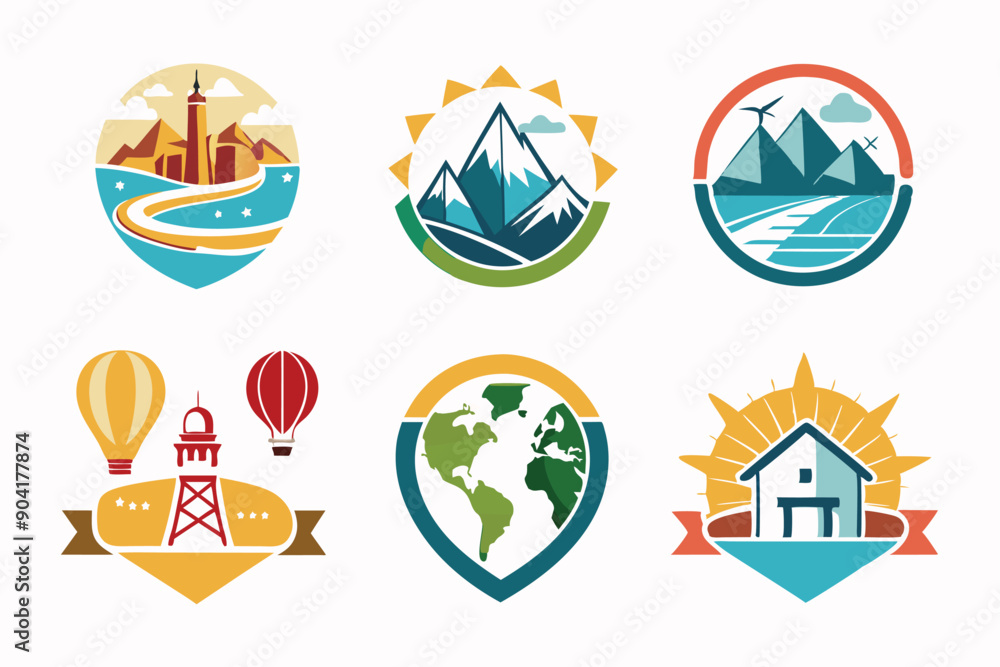 Colorful Circular Logos Depicting Travel Destinations and Activities ...
