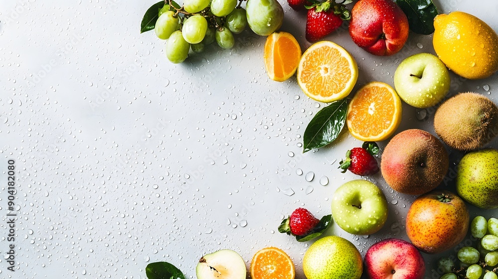 A detailed image of a mixed fruit frame with different types of fruits ...