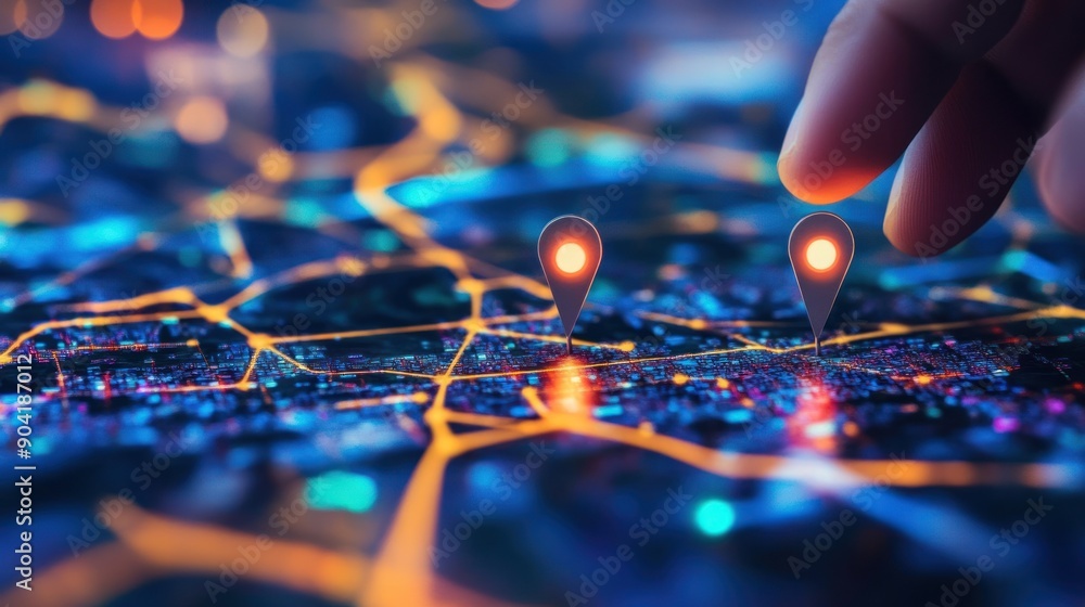 Illustration of digital GPS innovation with Hand Placing two pins on a ...