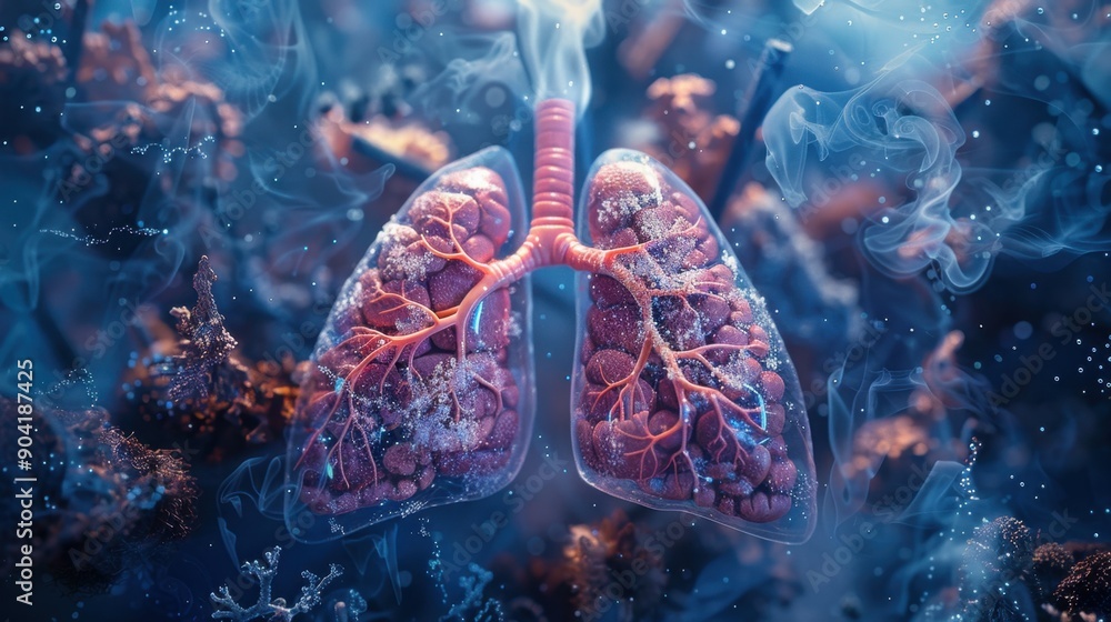 Depiction of unhealthy lungs surrounded by polluted environment ...