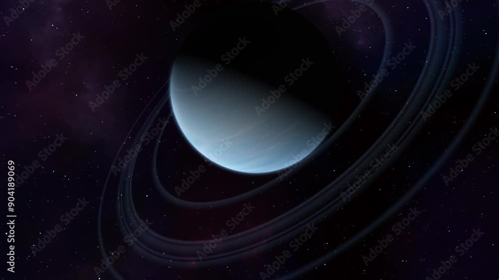 Orbiting around the planet Neptune and its rings, revealing the sun ...