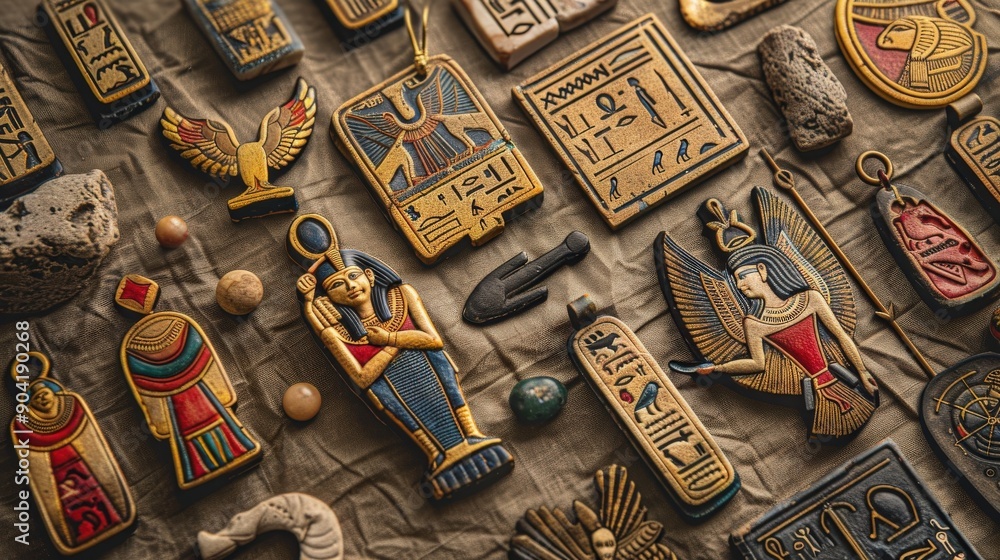 A curated selection of detailed Egyptian amulets showcases symbols of ...