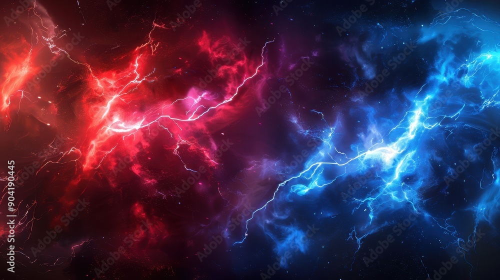 Dramatic background of red and blue lightning bolts clashing. Stock ...