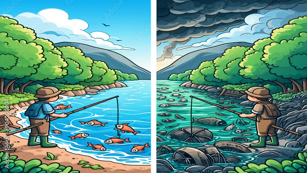 Cartoon illustration of a fisherman fishing in a clean river on the ...