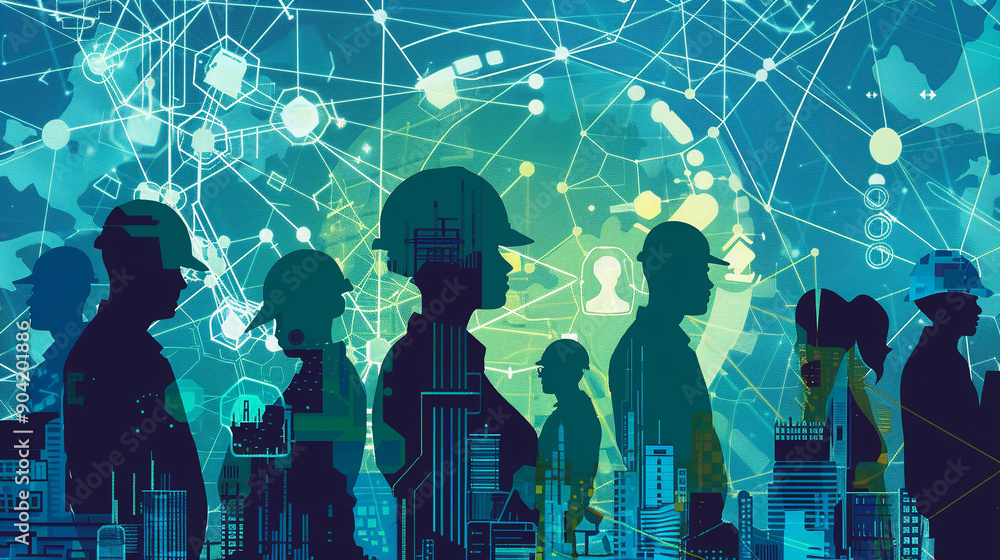 Silhouettes of diverse workers with technology backgrounds Stock Photo ...