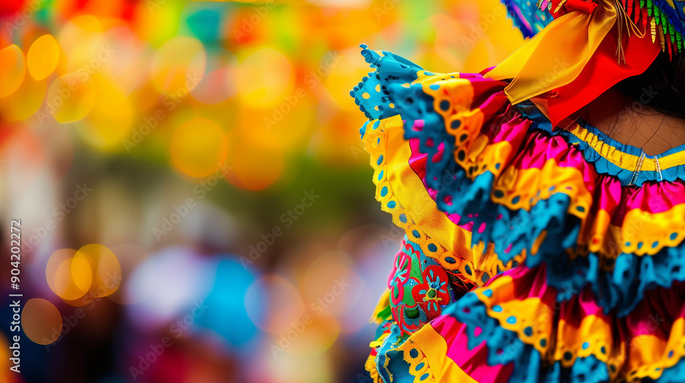 Colorful fiesta dance close-up featuring a woman in traditional Mexican ...