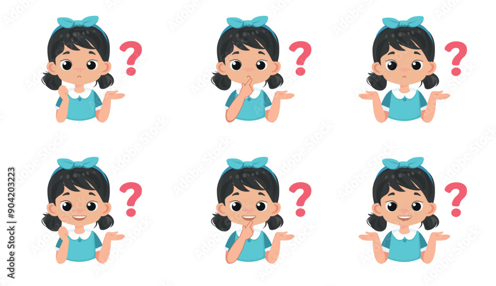 cute girl show different confused expressions with question mark Stock ...