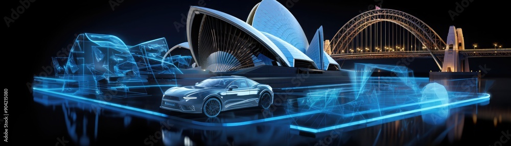 Car dash, Sydney Opera House, virtual assistant display, transparent ...