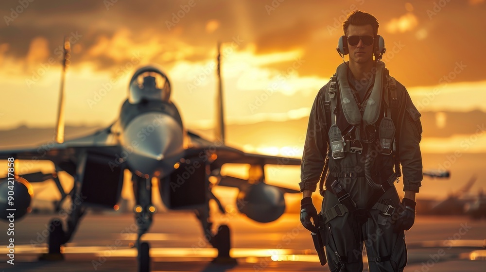 military jet fighter pilot next to plane with sunrise view background ...