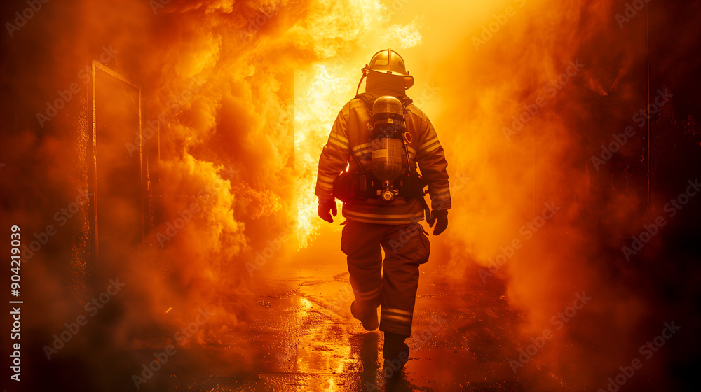 Firefighter Emerging From Intense Fire Blaze Dark Corridor Heroic Fire ...