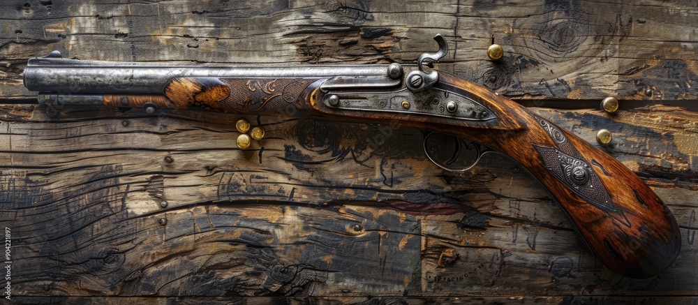 Antique Flintlock Kentucky pistol gunpowder horn lead balls displayed ...