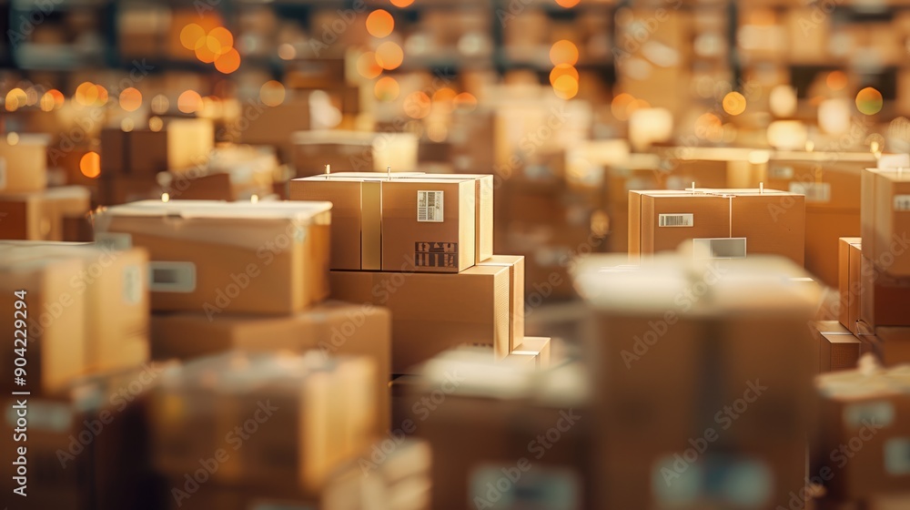 Stacks of packages ready for shipment close up, focus on packages ...