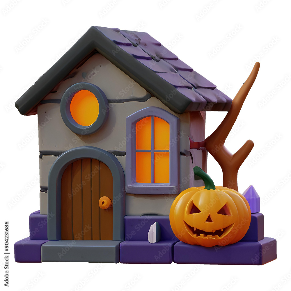 3D chibi-style haunted house with a cute, childlike design, featuring ...