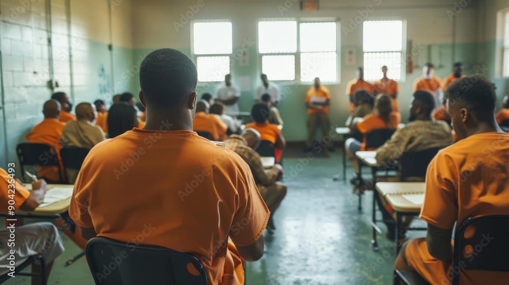 An educational scene with inmates attending a GED preparation class in ...