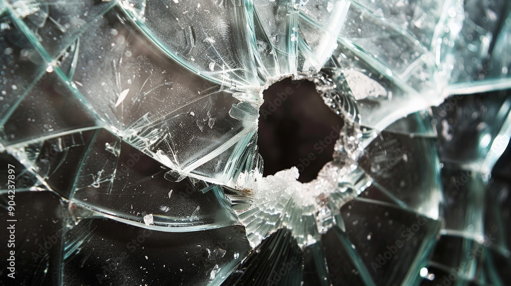 Artistic representation of broken glass with a single piercing hole ...
