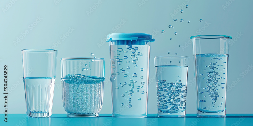 Five glasses containing water in various stages of bubbling ...