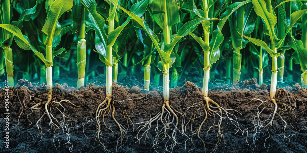 Illustration of healthy corn plants with visible root systems ...