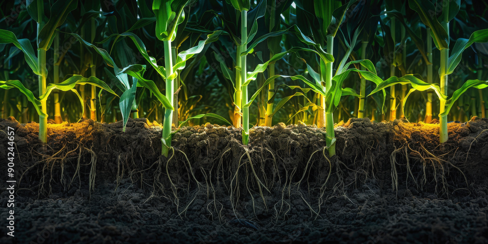 Underground view of healthy corn plants showing detailed root systems ...