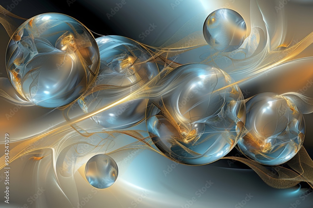 Abstract composition of aquamarine and gold orbs floating in an ...