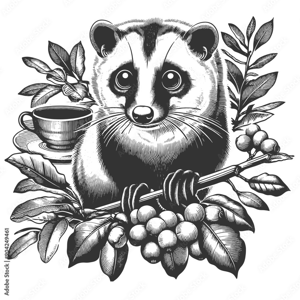 musang Asian palm civet sit on coffee tree branch with coffee cup Kopi ...