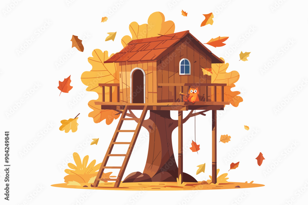 Autumn Treehouse with Owl: A cozy treehouse nestled in a majestic oak ...
