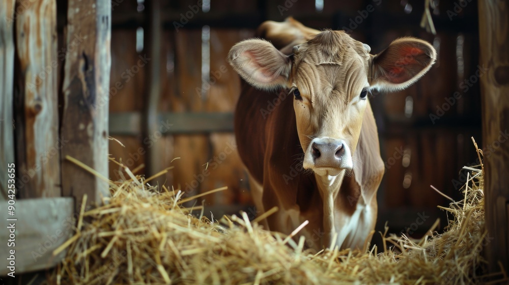 Brown cow standing indoor in wooden barn stall surrounded by hay ...