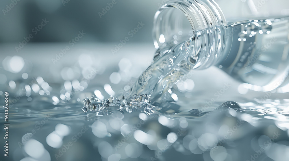 A clear plastic bottle spills water, creating ripples and splashes on a ...
