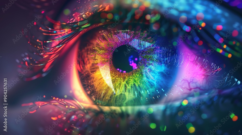 Concept of a human eye's multicolored iris animation: rainbow lines ...