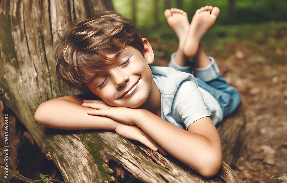 Waldbaden Naturerlebnis ein Junge Kind liegt barfuß an der einer Baum ...