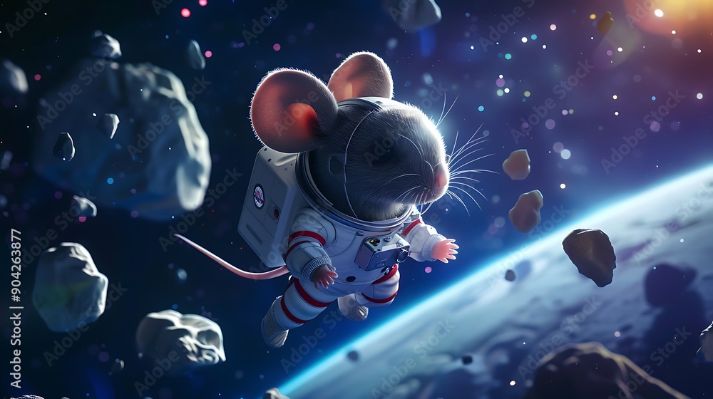 Cute space suit wearing mouse floating amid stars and rocks in faraway ...