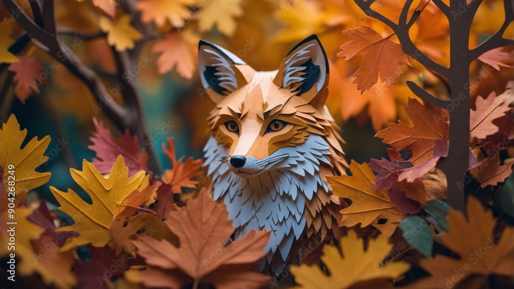 The curious eyes of a fox peep through the foliage, the background ...