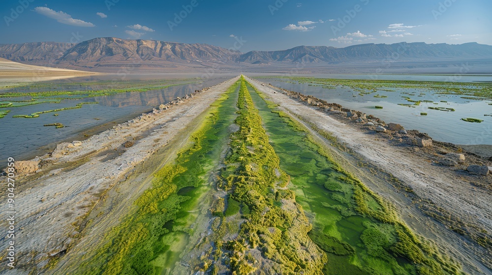 A long, narrow path is lined with green plants and water. The water is ...