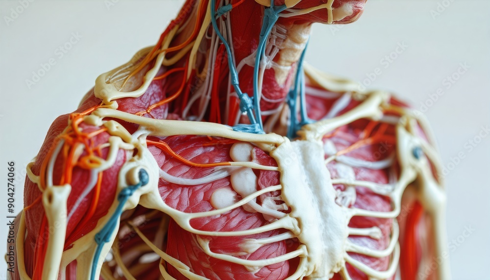 close-up of a realistic human upper torso, detailed anatomical features ...