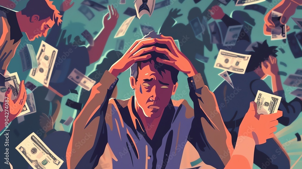 Illustration of a stressed person overwhelmed by money and financial ...