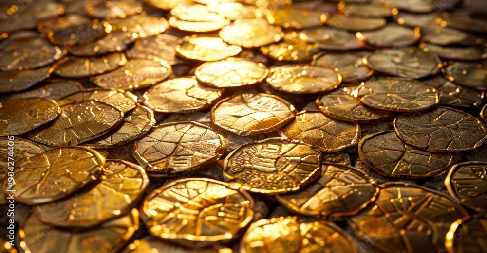 A vast collection of gleaming, antique coins, each bearing intricate ...