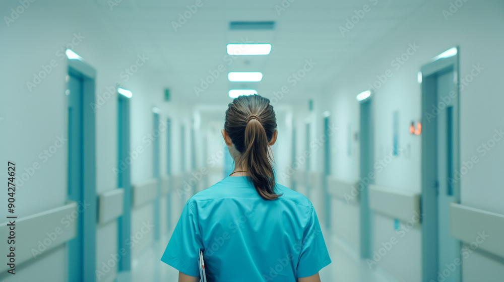 back view of female nurse walking in hospital hallway, wearing blue ...