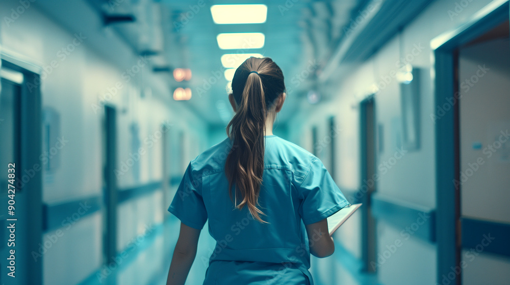 back view of female nurse walking in hospital hallway, wearing blue ...