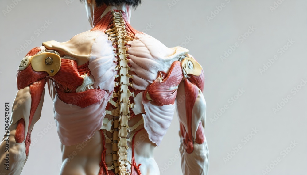 realistic human anatomy model, upper torso, rear view, white background ...