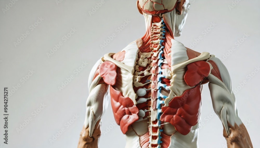human anatomy model, upper torso, rear view, white background ...