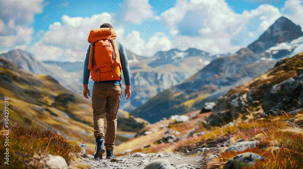 back view, man with hiking backpack, wearing comfortable hiking clothes ...