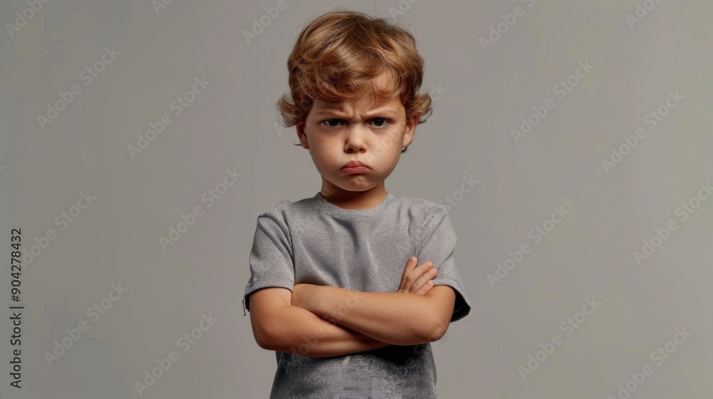 Mad male kid, angry little boy standing with his arms crossed, and ...