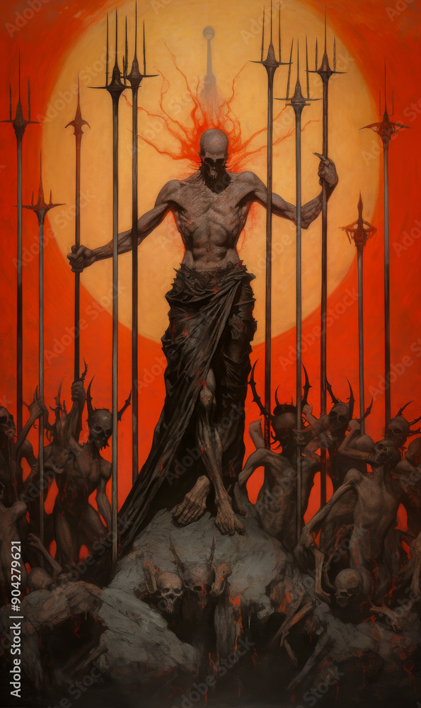 A dark skeletal ruler stands amidst spear-wielding minions under a ...