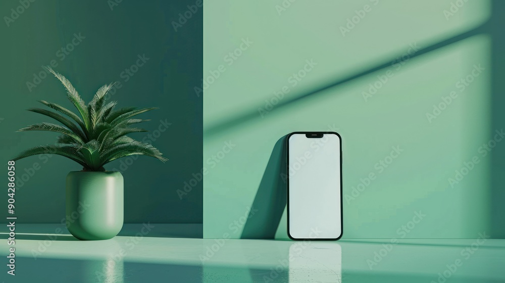 Mobile phone blank white screen design with green background copy space ...