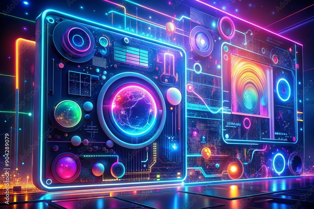 Vibrant neon lights illuminate futuristic interface with 3D holographic ...