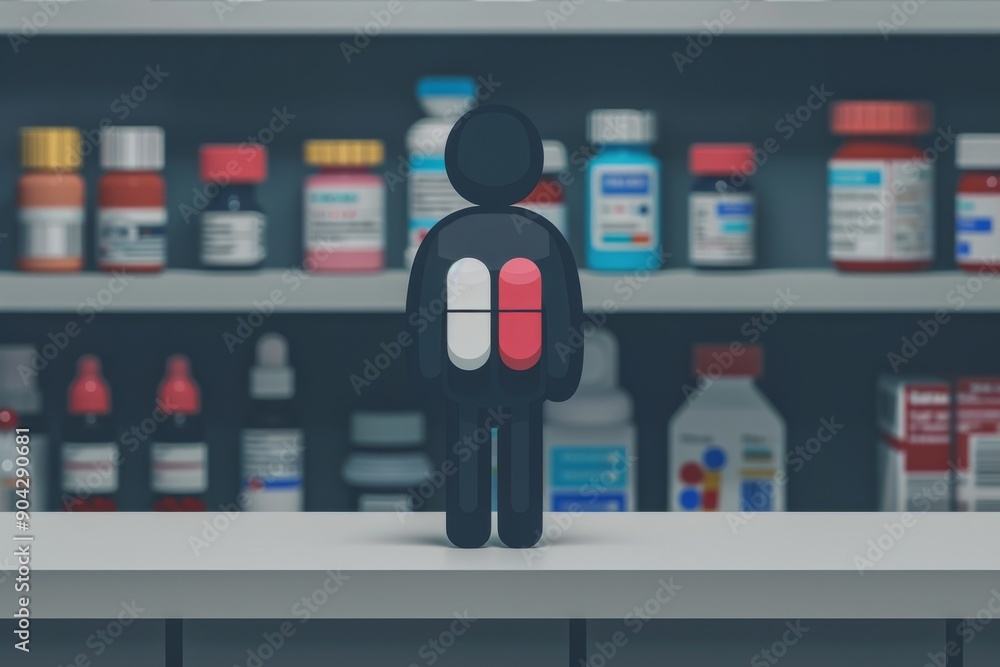 Modern illustration of a person standing in front of a pharmacy shelf ...
