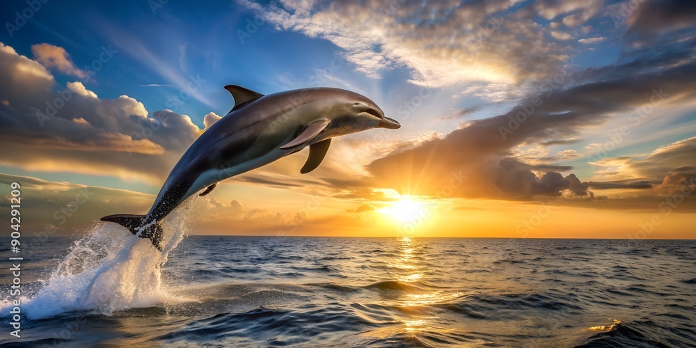 Acrobatic dolphin leaps out of the ocean, catching the sun's rays on ...