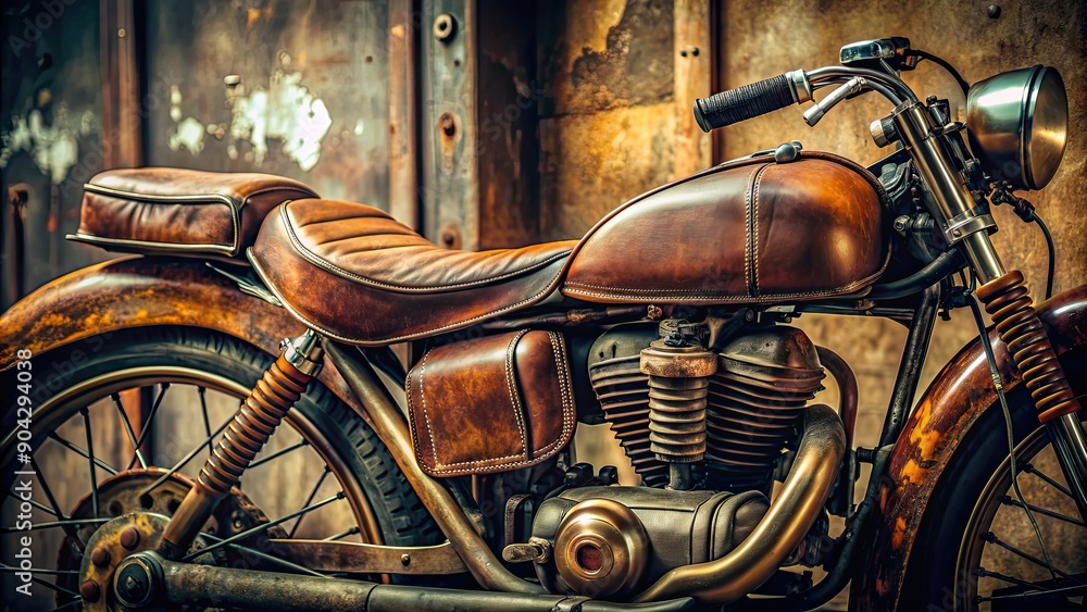 Vintage motorcycle with worn leather seat and rusted chrome details ...